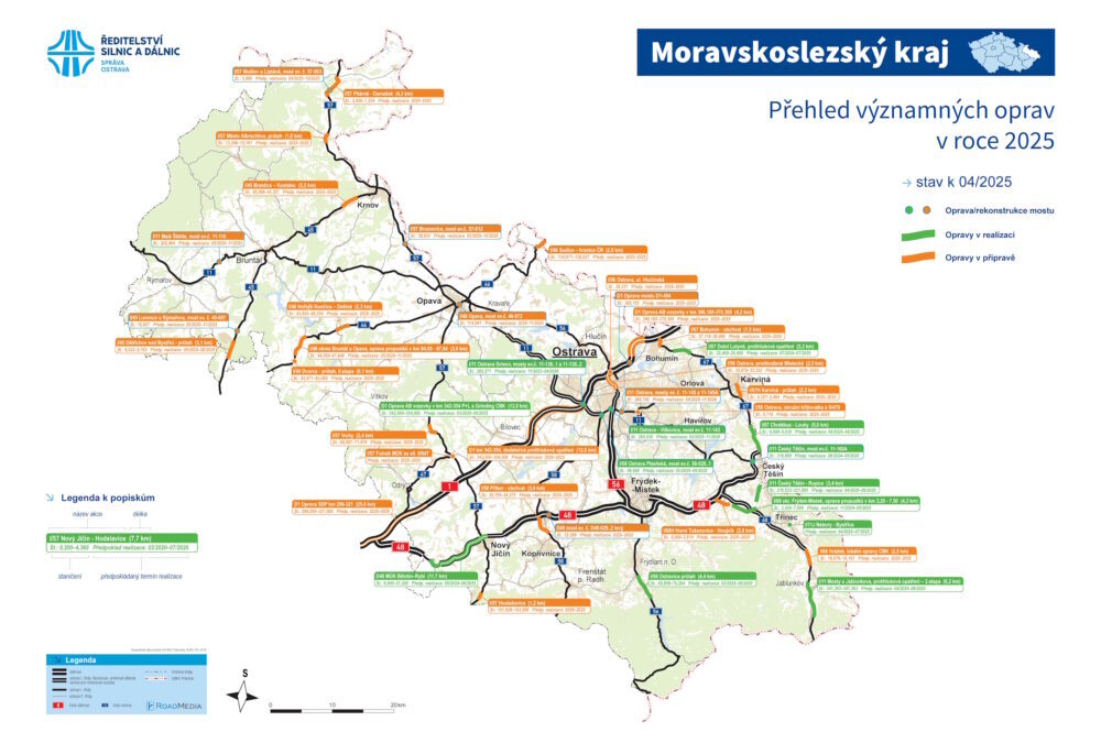 Mapa významných oprav ŘSD v Moravskoslezském kraji (duben 2025) - Ředitelství silnic a dálnic s ...