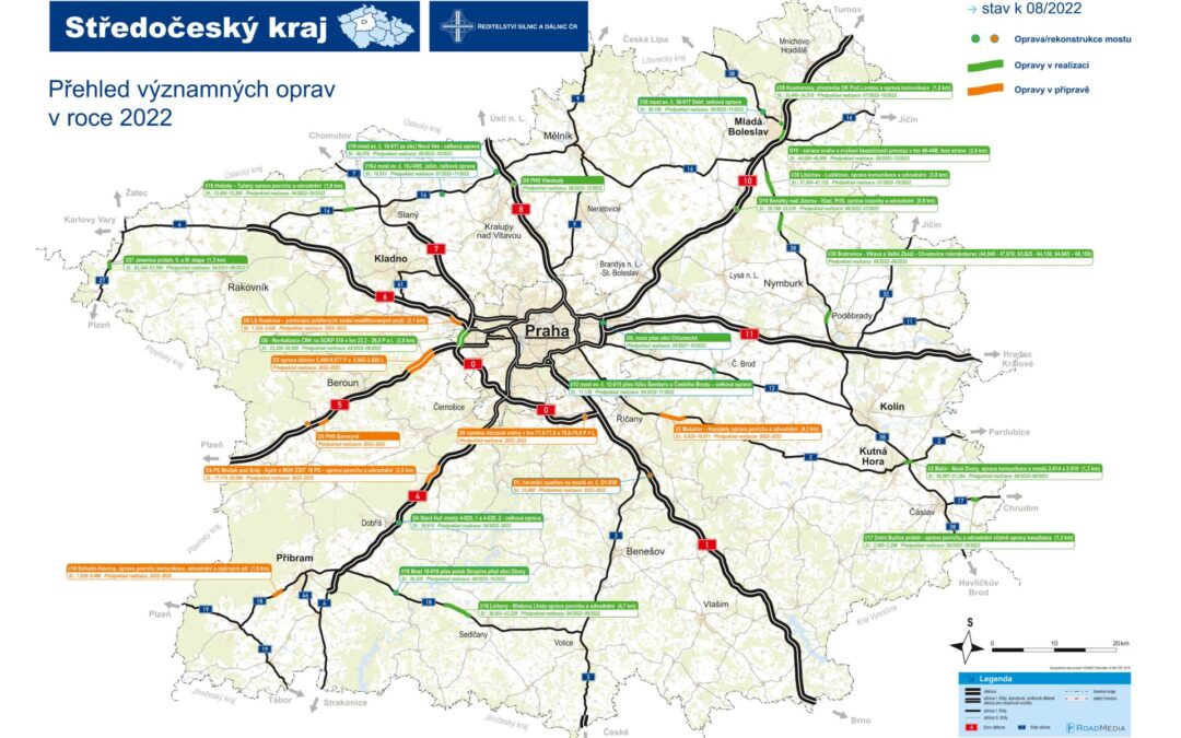Mapa oprav na sil. I. tříd a dálnicích ve STC kraji k měsíci srpen ...