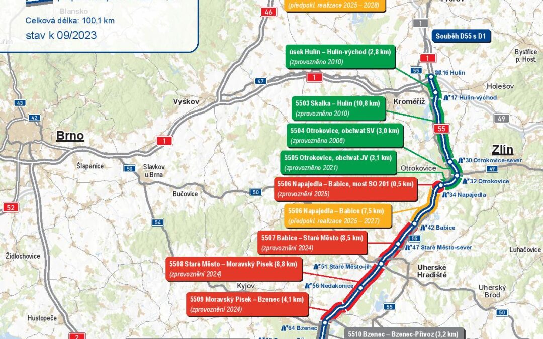 Přehled staveb dálnice D55 - září 2023 - Ředitelství silnic a dálnic s ...